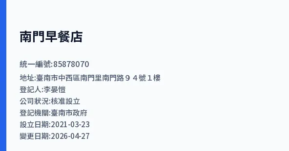 南門早餐店的照片-統編 85878070(臺南市) 公司登記資料與營業項目詳細圖表