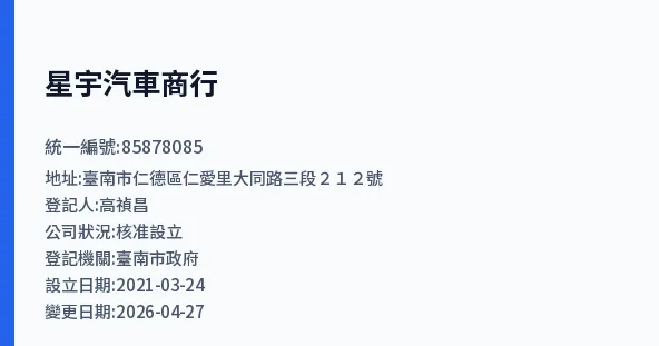 星宇汽車商行的照片-統編 85878085(臺南市) 公司登記資料與營業項目詳細圖表