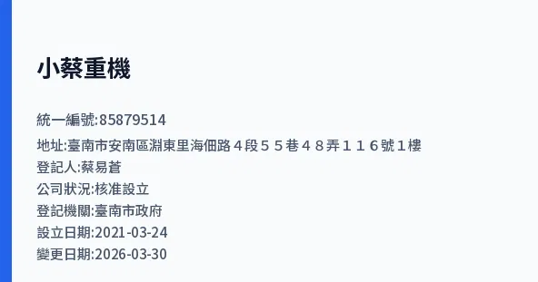 小蔡重機的照片-統編 85879514(臺南市) 公司登記資料與營業項目詳細圖表
