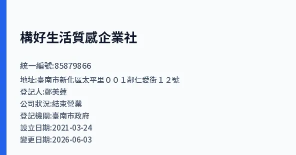 構好生活質感企業社的照片-統編 85879866(臺南市) 公司登記資料與營業項目詳細圖表