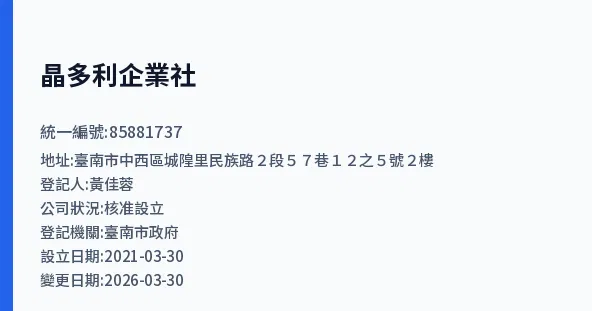 晶多利企業社的照片-統編 85881737(臺南市) 公司登記資料與營業項目詳細圖表