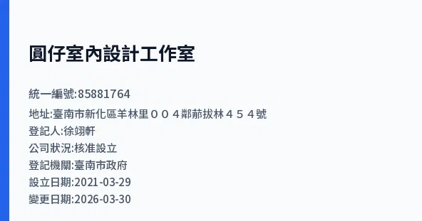 圓仔室內設計工作室的照片-統編 85881764(臺南市) 公司登記資料與營業項目詳細圖表