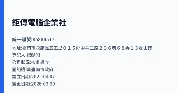 鉅傳電腦企業社的照片-統編 85884517(臺南市) 公司登記資料與營業項目詳細圖表