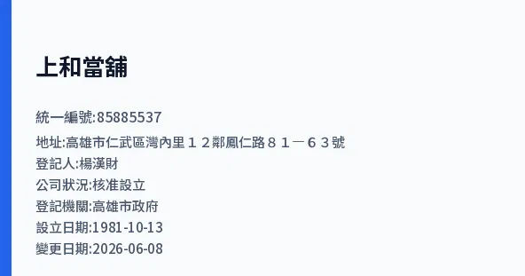 上和當舖的照片-統編 85885537(高雄市) 公司登記資料與營業項目詳細圖表