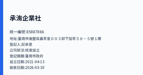 承洧企業社的照片-統編 85887866(臺南市) 公司登記資料與營業項目詳細圖表