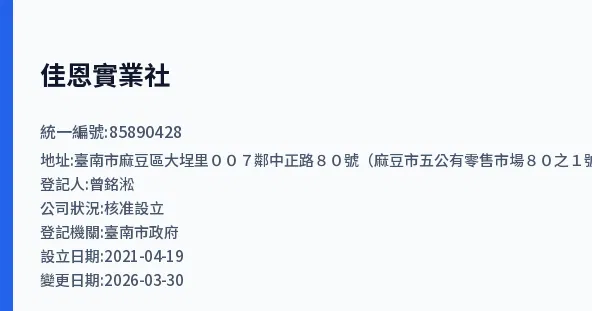 佳恩實業社的照片-統編 85890428(臺南市) 公司登記資料與營業項目詳細圖表