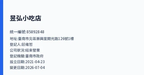 昱弘小吃店的照片-統編 85892848(臺南市) 公司登記資料與營業項目詳細圖表