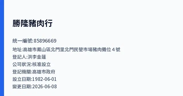 勝隆豬肉行的照片-統編 85896669(高雄市) 公司登記資料與營業項目詳細圖表