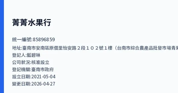 菁菁水果行的照片-統編 85896859(臺南市) 公司登記資料與營業項目詳細圖表