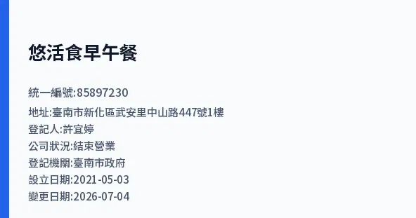 悠活食早午餐的照片-統編 85897230(臺南市) 公司登記資料與營業項目詳細圖表