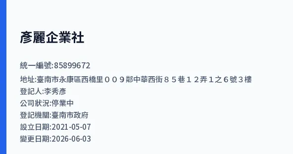 彥麗企業社的照片-統編 85899672(臺南市) 公司登記資料與營業項目詳細圖表