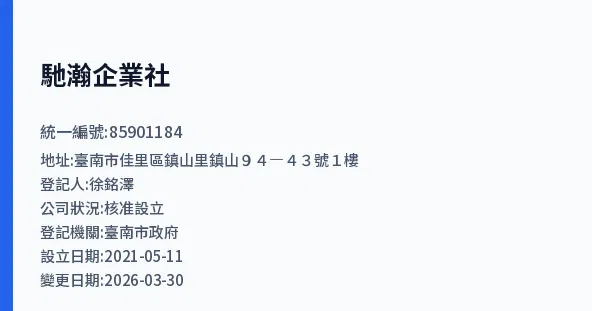馳瀚企業社的照片-統編 85901184(臺南市) 公司登記資料與營業項目詳細圖表