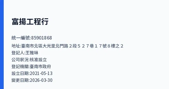 富揚工程行的照片-統編 85901868(臺南市) 公司登記資料與營業項目詳細圖表