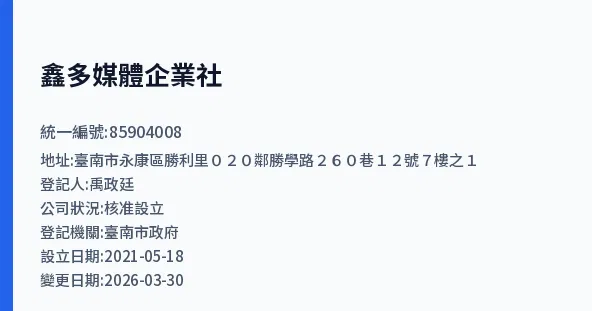 鑫多媒體企業社的照片-統編 85904008(臺南市) 公司登記資料與營業項目詳細圖表
