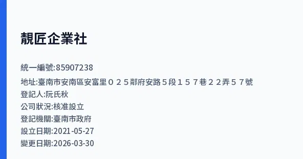 靚匠企業社的照片-統編 85907238(臺南市) 公司登記資料與營業項目詳細圖表