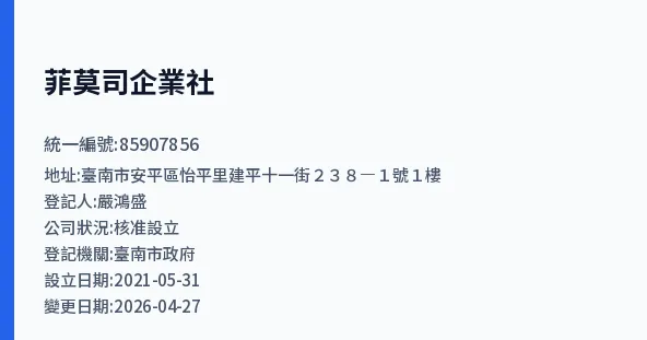 菲莫司企業社的照片-統編 85907856(臺南市) 公司登記資料與營業項目詳細圖表