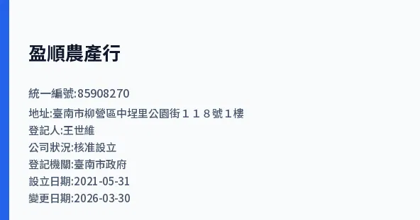 盈順農產行的照片-統編 85908270(臺南市) 公司登記資料與營業項目詳細圖表