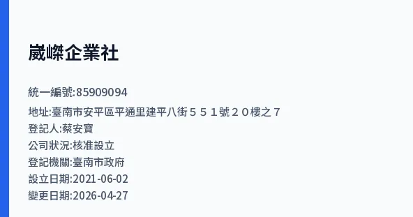 崴嵥企業社的照片-統編 85909094(臺南市) 公司登記資料與營業項目詳細圖表