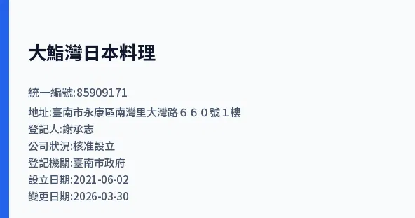 大鮨灣日本料理的照片-統編 85909171(臺南市) 公司登記資料與營業項目詳細圖表