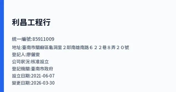 利昌工程行的照片-統編 85911009(臺南市) 公司登記資料與營業項目詳細圖表