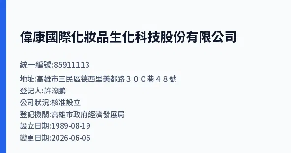 偉康國際化妝品生化科技股份有限公司的照片-統編 85911113(高雄市) 公司登記資料與營業項目詳細圖表