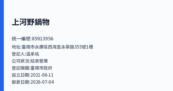 上河野鍋物的照片-統編 85913956(臺南市) 公司登記資料與營業項目詳細圖表