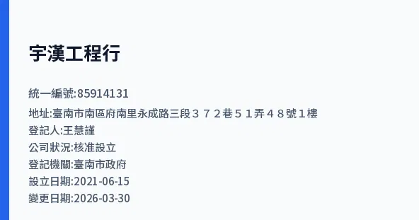宇漢工程行的照片-統編 85914131(臺南市) 公司登記資料與營業項目詳細圖表