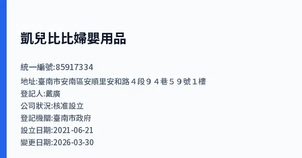 凱兒比比婦嬰用品的照片-統編 85917334(臺南市) 公司登記資料與營業項目詳細圖表