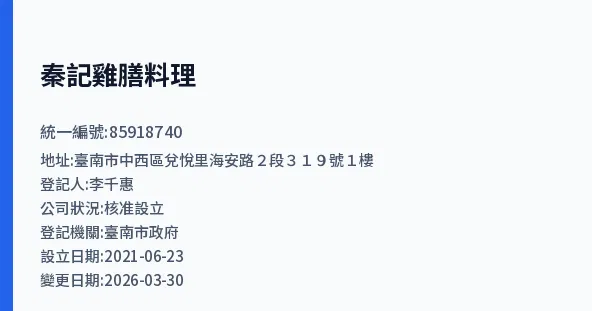 秦記雞膳料理的照片-統編 85918740(臺南市) 公司登記資料與營業項目詳細圖表