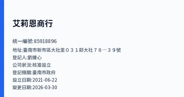 艾莉恩商行的照片-統編 85918896(臺南市) 公司登記資料與營業項目詳細圖表