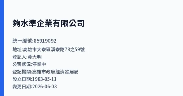 夠水準企業有限公司的照片-統編 85919092(高雄市) 公司登記資料與營業項目詳細圖表