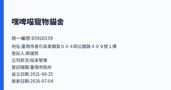 嘿啤喵寵物貓舍的照片-統編 85920339(臺南市) 公司登記資料與營業項目詳細圖表