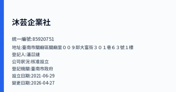 沐芸企業社的照片-統編 85920751(臺南市) 公司登記資料與營業項目詳細圖表