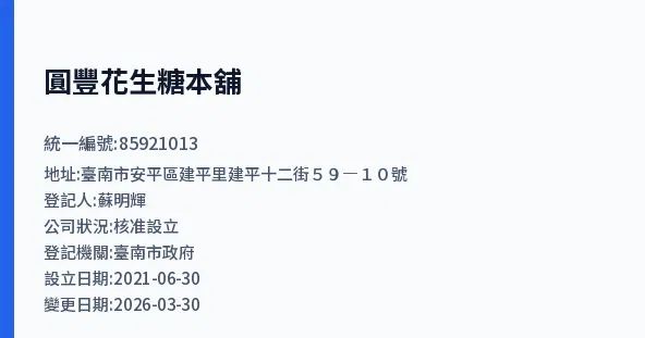 圓豐花生糖本舖的照片-統編 85921013(臺南市) 公司登記資料與營業項目詳細圖表