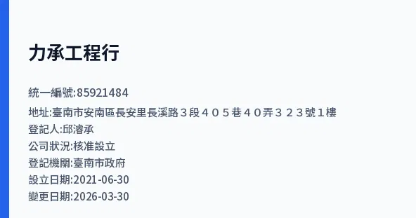 力承工程行的照片-統編 85921484(臺南市) 公司登記資料與營業項目詳細圖表