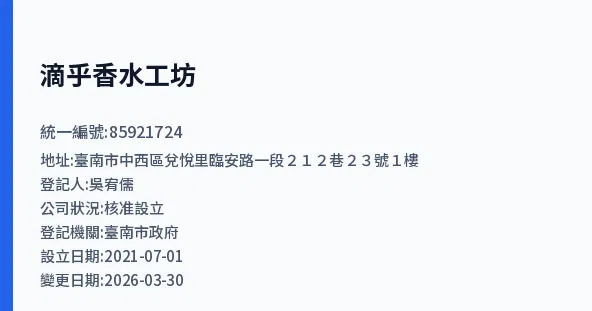 滴乎香水工坊的照片-統編 85921724(臺南市) 公司登記資料與營業項目詳細圖表