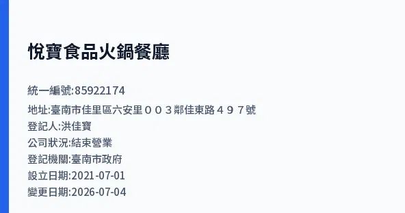 悅寶食品火鍋餐廳的照片-統編 85922174(臺南市) 公司登記資料與營業項目詳細圖表