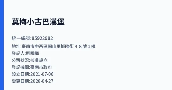 莫梅小古巴漢堡的照片-統編 85922982(臺南市) 公司登記資料與營業項目詳細圖表