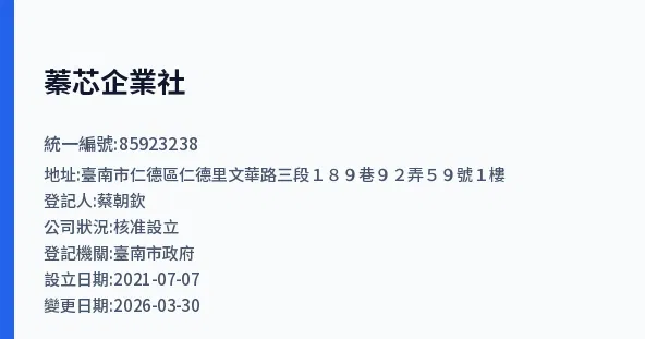 蓁芯企業社的照片-統編 85923238(臺南市) 公司登記資料與營業項目詳細圖表