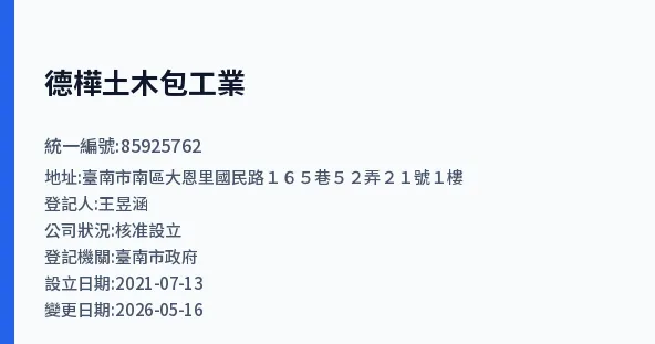 德樺土木包工業的照片-統編 85925762(臺南市) 公司登記資料與營業項目詳細圖表