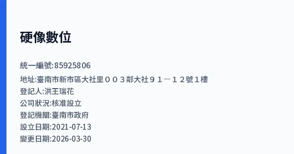 硬像數位的照片-統編 85925806(臺南市) 公司登記資料與營業項目詳細圖表