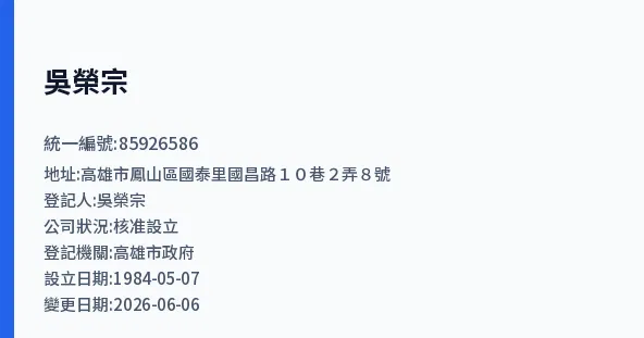 吳榮宗的照片-統編 85926586(高雄市) 公司登記資料與營業項目詳細圖表