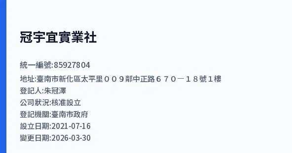 冠宇宜實業社的照片-統編 85927804(臺南市) 公司登記資料與營業項目詳細圖表