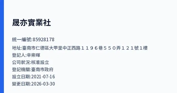 晟亦實業社的照片-統編 85928178(臺南市) 公司登記資料與營業項目詳細圖表