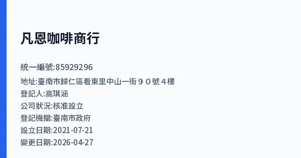 凡恩咖啡商行的照片-統編 85929296(臺南市) 公司登記資料與營業項目詳細圖表