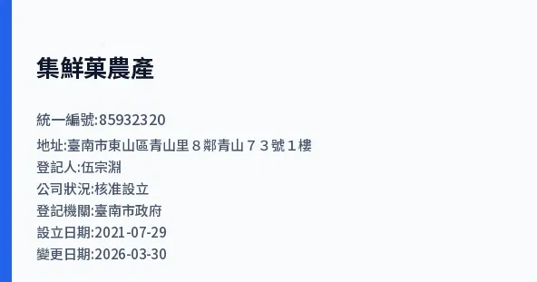 集鮮菓農產的照片-統編 85932320(臺南市) 公司登記資料與營業項目詳細圖表