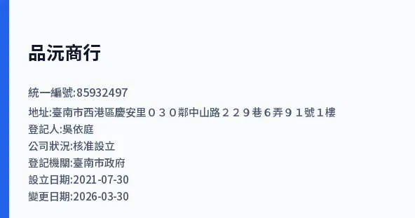 品沅商行的照片-統編 85932497(臺南市) 公司登記資料與營業項目詳細圖表