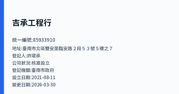 吉承工程行的照片-統編 85933910(臺南市) 公司登記資料與營業項目詳細圖表