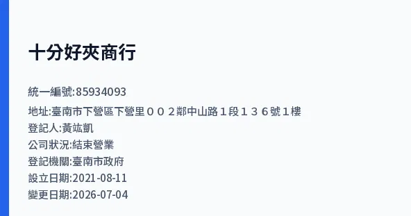 十分好夾商行的照片-統編 85934093(臺南市) 公司登記資料與營業項目詳細圖表