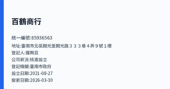 百鶴商行的照片-統編 85936563(臺南市) 公司登記資料與營業項目詳細圖表